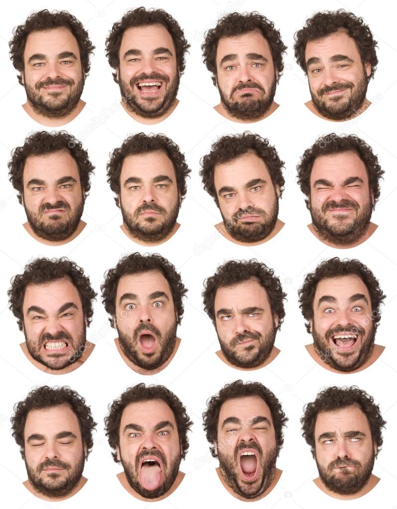 Short curly hair and beard brunette adult caucasian man collection set ...