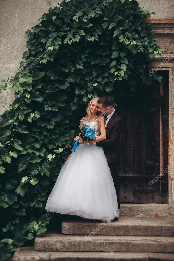 Happy wedding couple hugging and smiling each other on the background ...