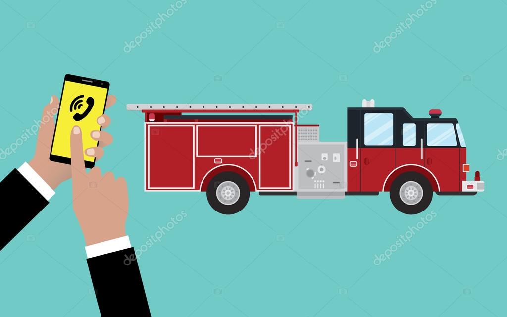 Appeler les pompiers quelqu'un tenir le téléphone et camion pompier ...