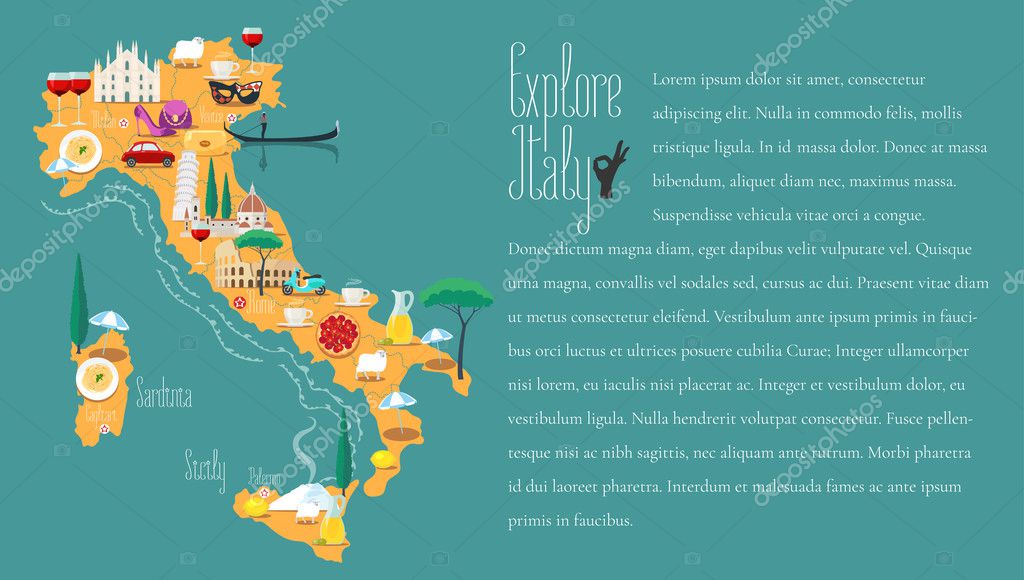 Map of Italy vector illustration, design. Icons with Italian landmarks ...
