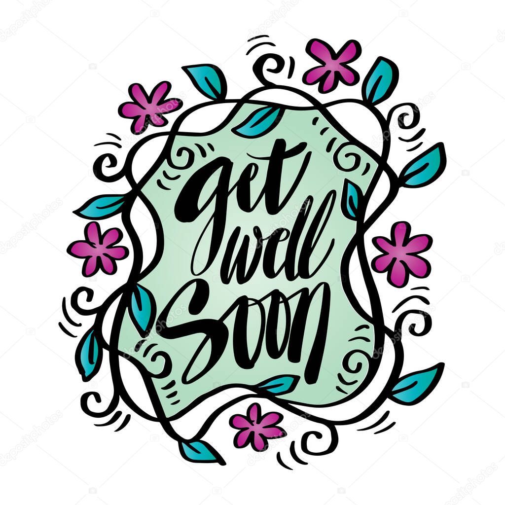 Ponte bien pronto con las letras de las manos. concepto de tarjeta de ...