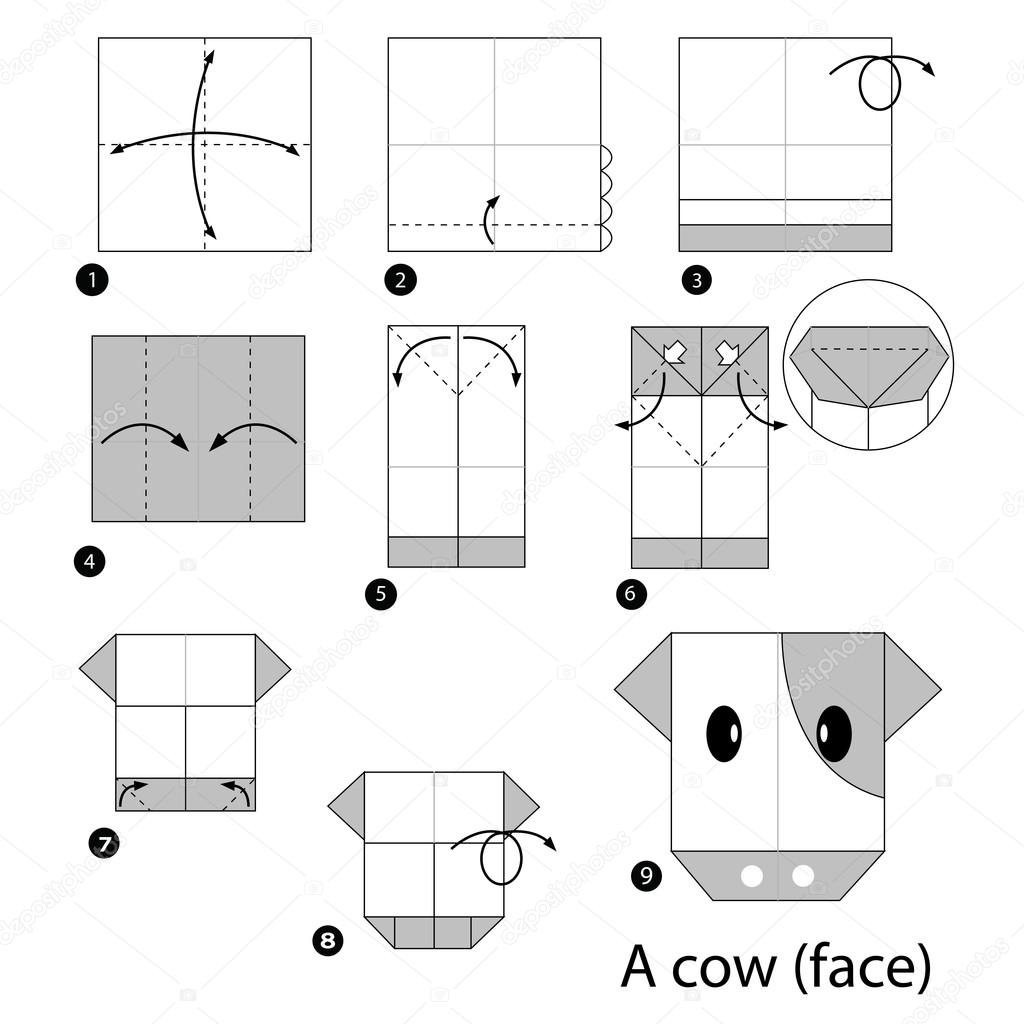 Step by step instructions how to make origami a cow. Stock Vector by ...