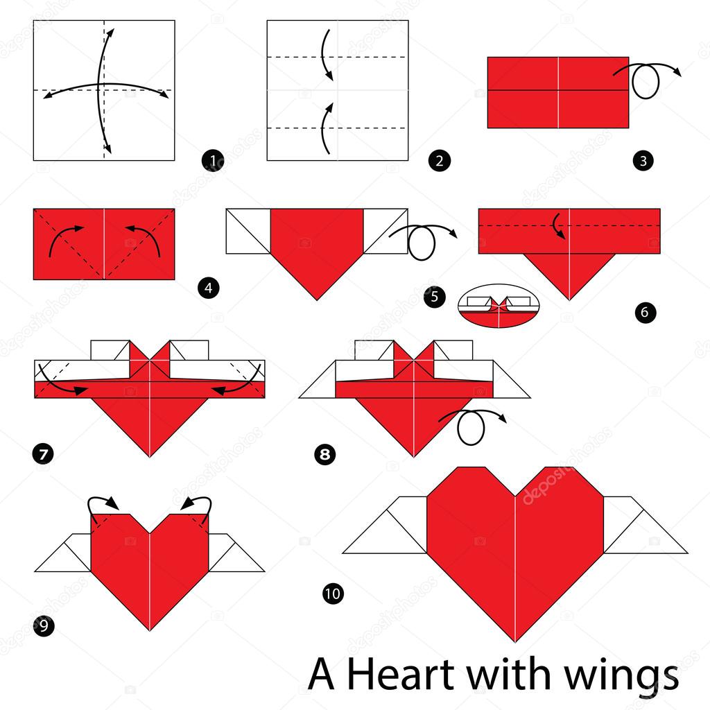 Step By Step Instructions How To Make Origami A Heart With Wings Stock