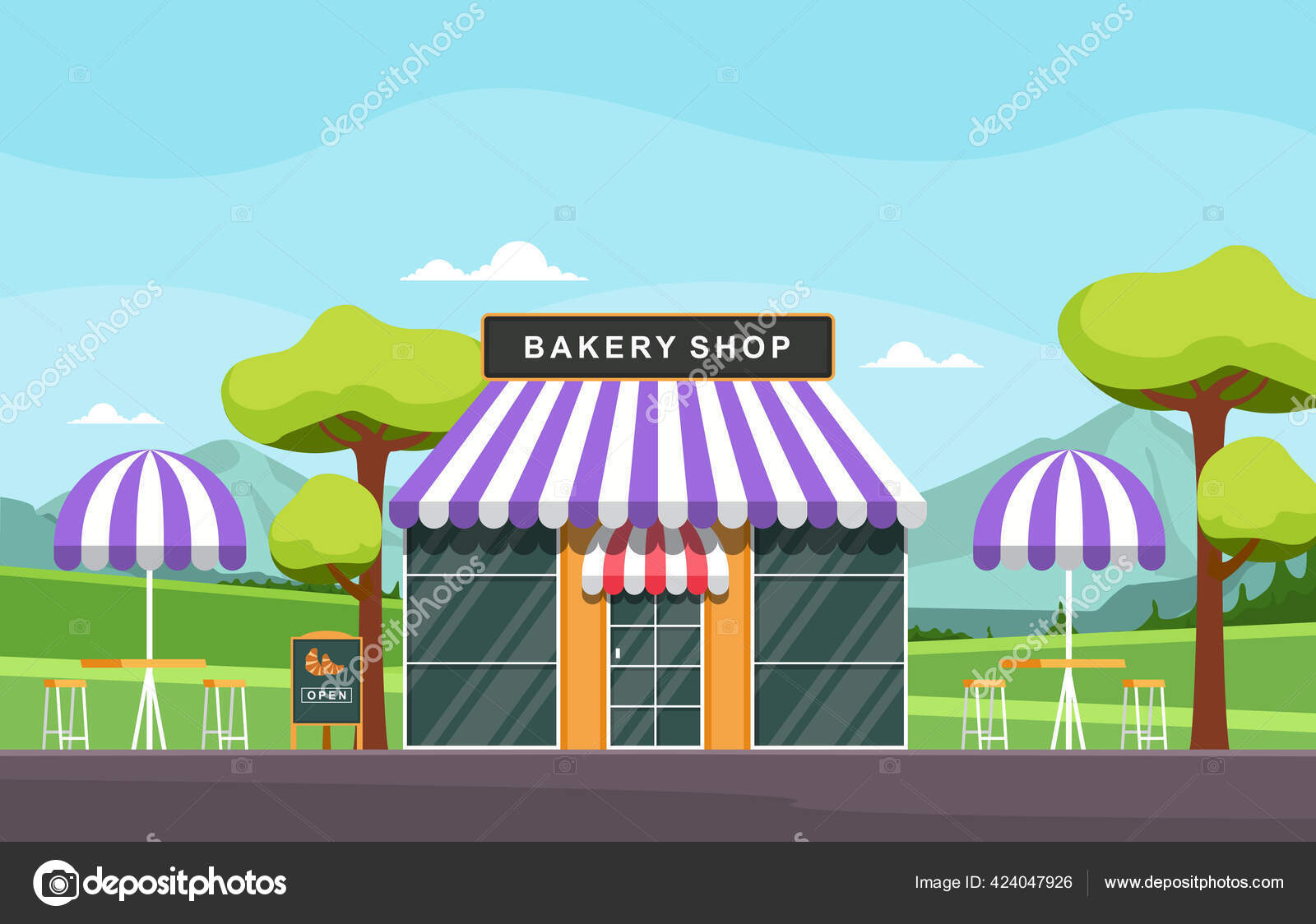 Showcase Bageri Butik Livsmedelsbutik Fasad Gata Tecknad Illustration ...