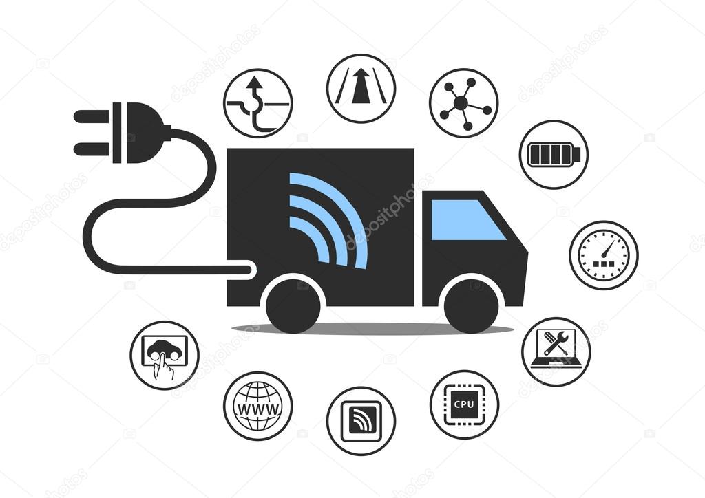 Electric truck symbol with power plug and various icons. Vector ...