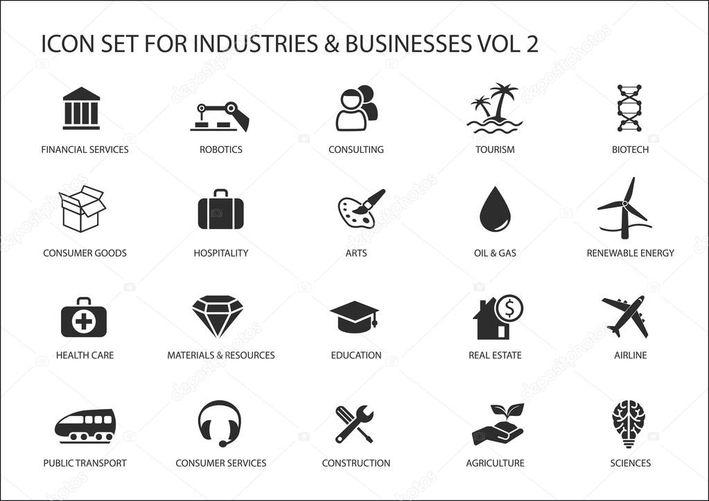Business icons and symbols of various industries / business sectors ...