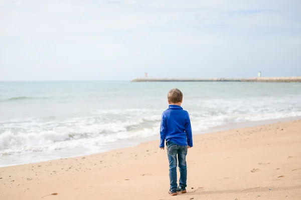 Back view portrait of cute boy at the beach on ocean background Stock ...