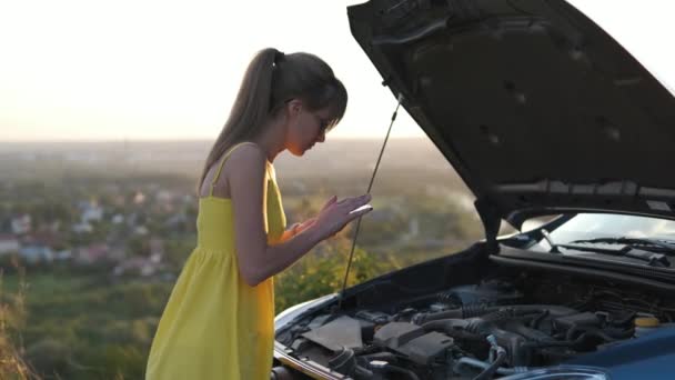 Stranded Female Driver Talking Cell Phone Standing Her Vehicle Open ...