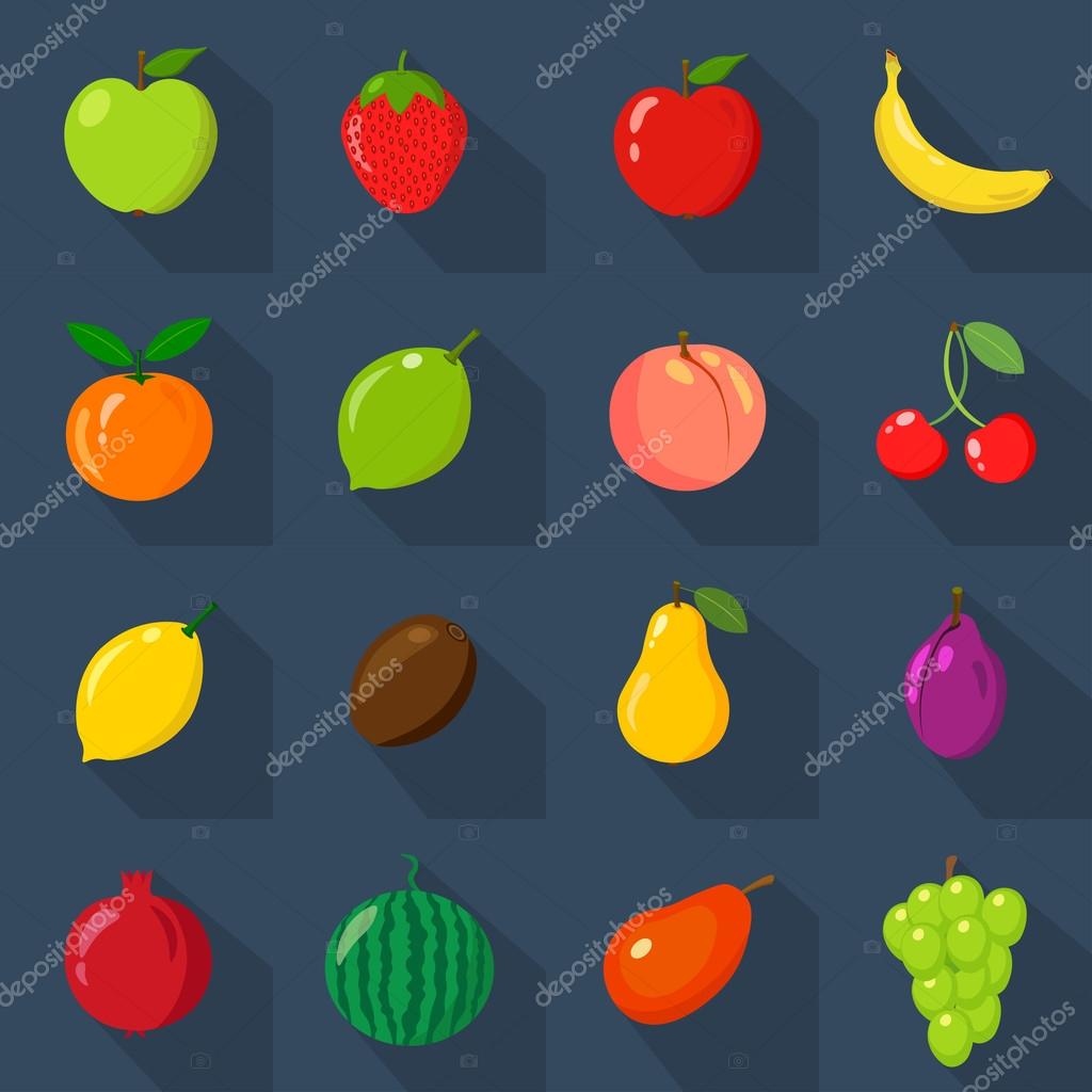 Set of flat icons. Fresh, natural fruits. Dark blue background. Stock ...