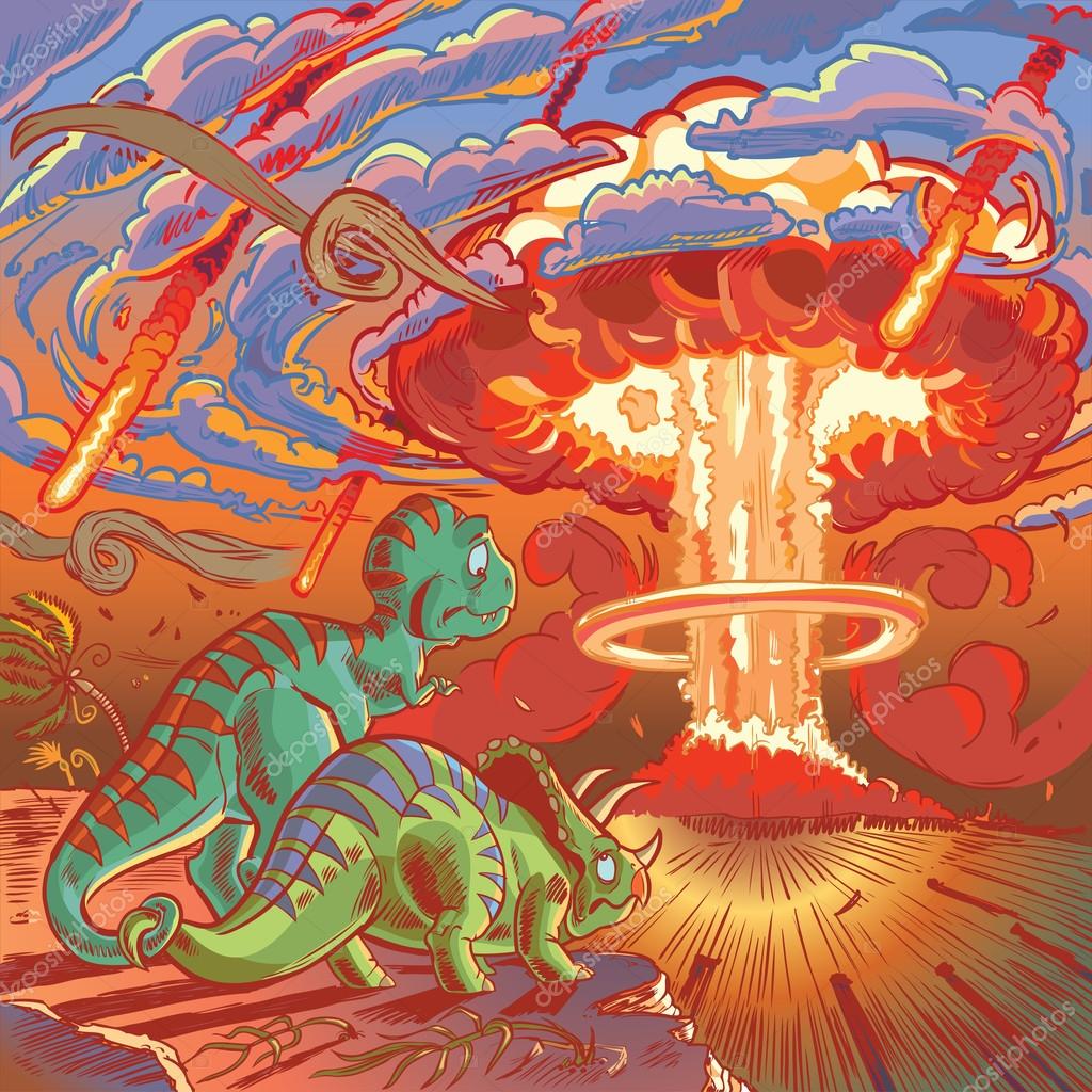 Dos dinosaurios ven la caricatura vectorial del Apocalipsis 2024