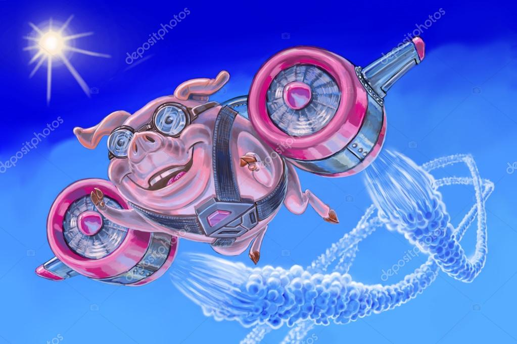 Flying pig with a jet pack illustration Stock Photo by ©Dolimac 108653370