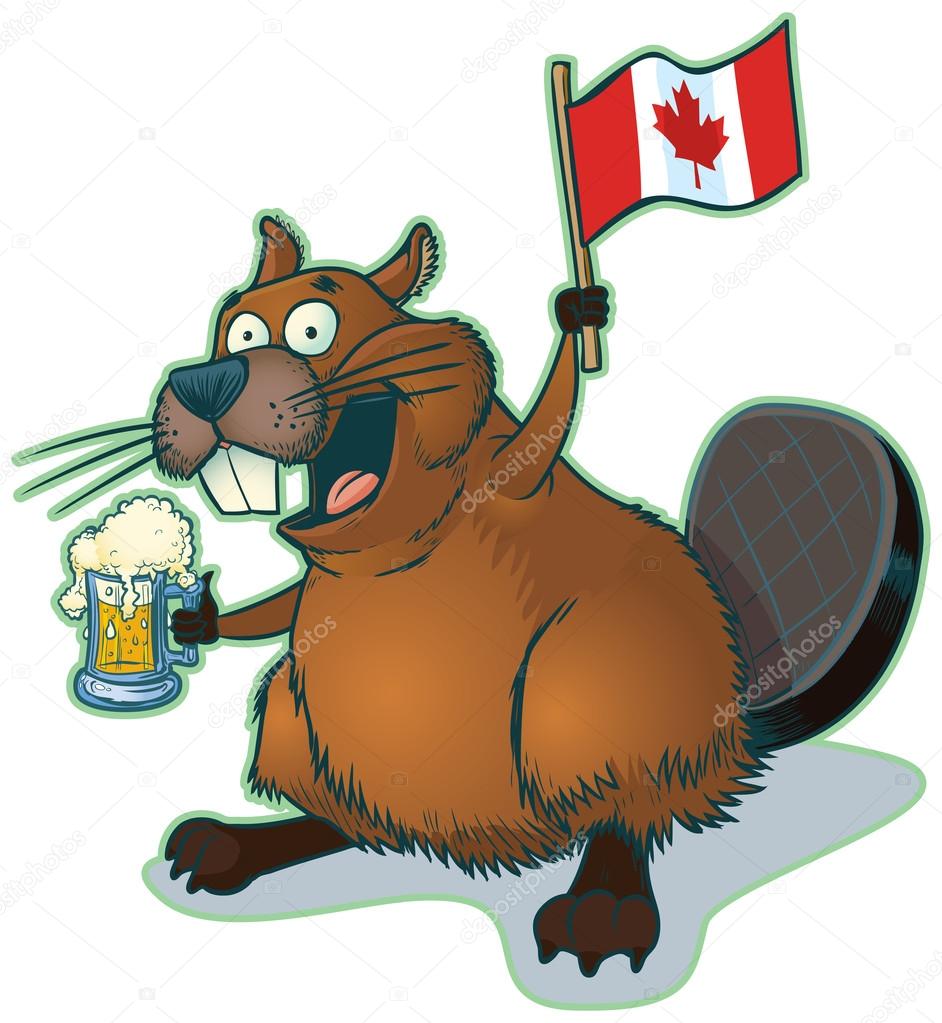 Castor de dibujos animados con cerveza y bandera canadiense 2022