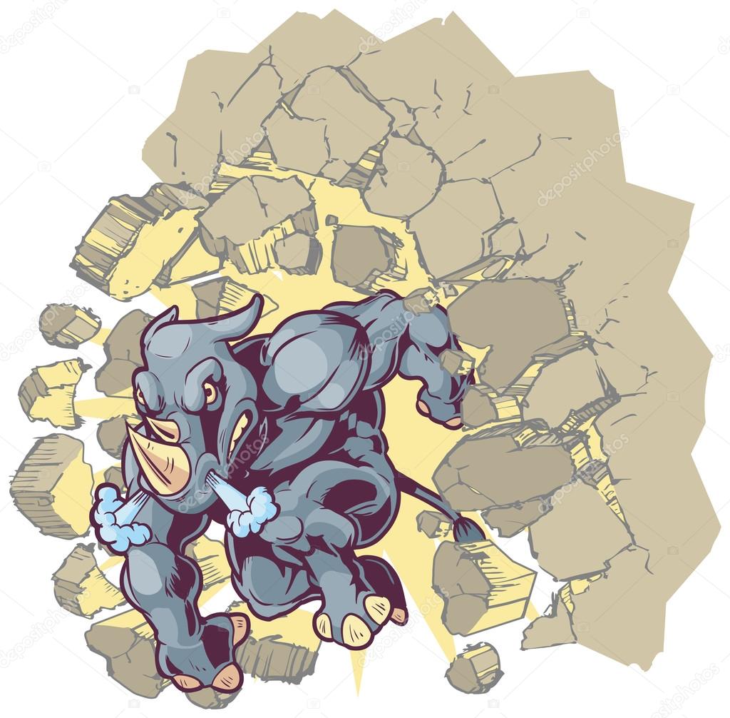 Crouching Mascot Rhino Crashing through a Wall Vector Cartoon Clip Art ...