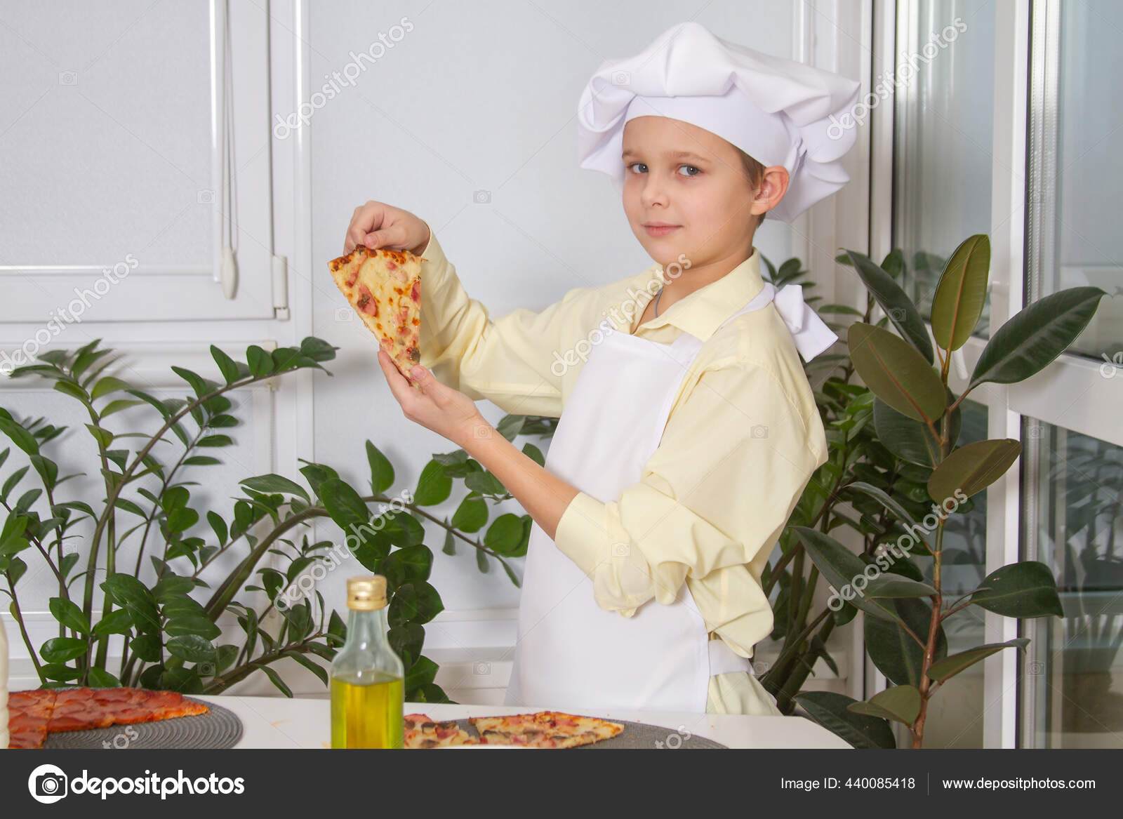 Little Cute Boy Dressed Cook Cooks Kitchen — Stock Photo © fotka.anna ...