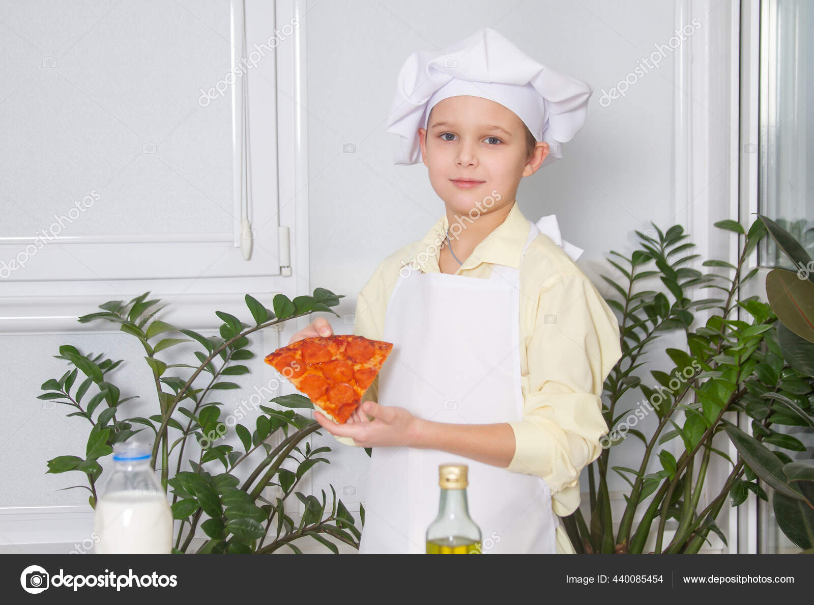 Little Cute Boy Dressed Cook Cooks Kitchen — Stock Photo © fotka.anna ...