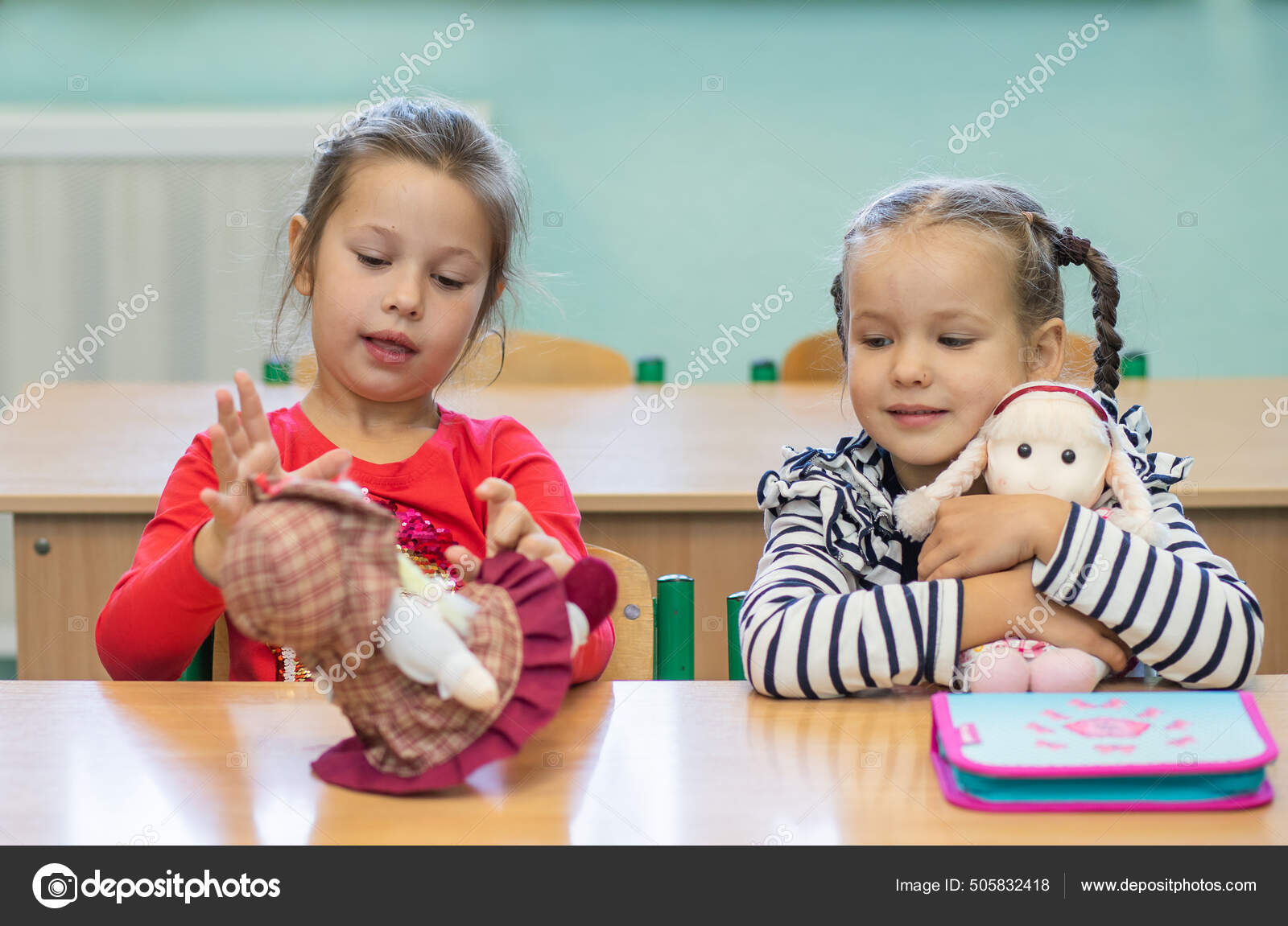 Two Pretty Girls Sitting Classroom Desk Teaching Children Back School ...
