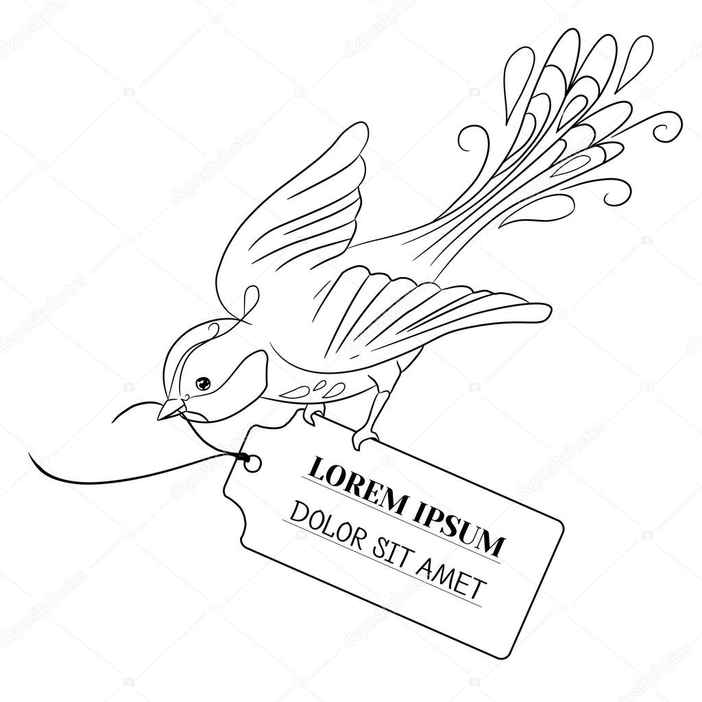 Fantasy bird flies and bears a label with the inscription. Contour ...