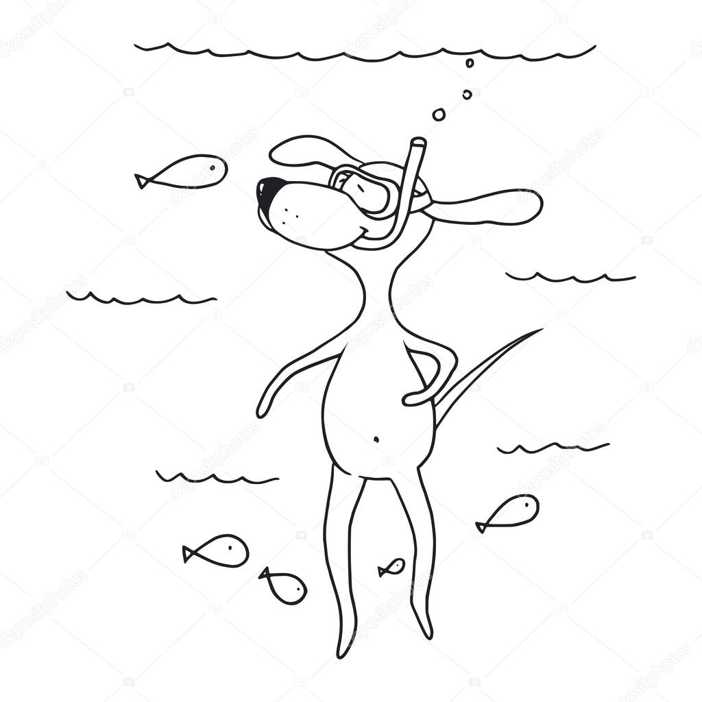 Funny cartoon dog is engaged in diving. illustration of scuba diving ...