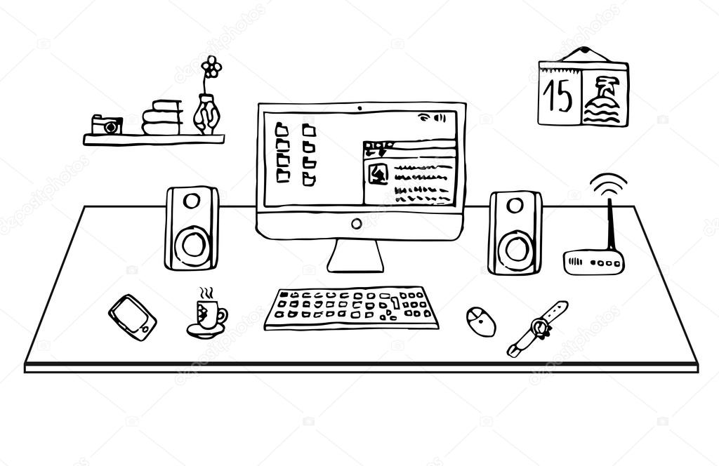 Flat design office desk, freehand drawing, vector, illustration. Stock ...