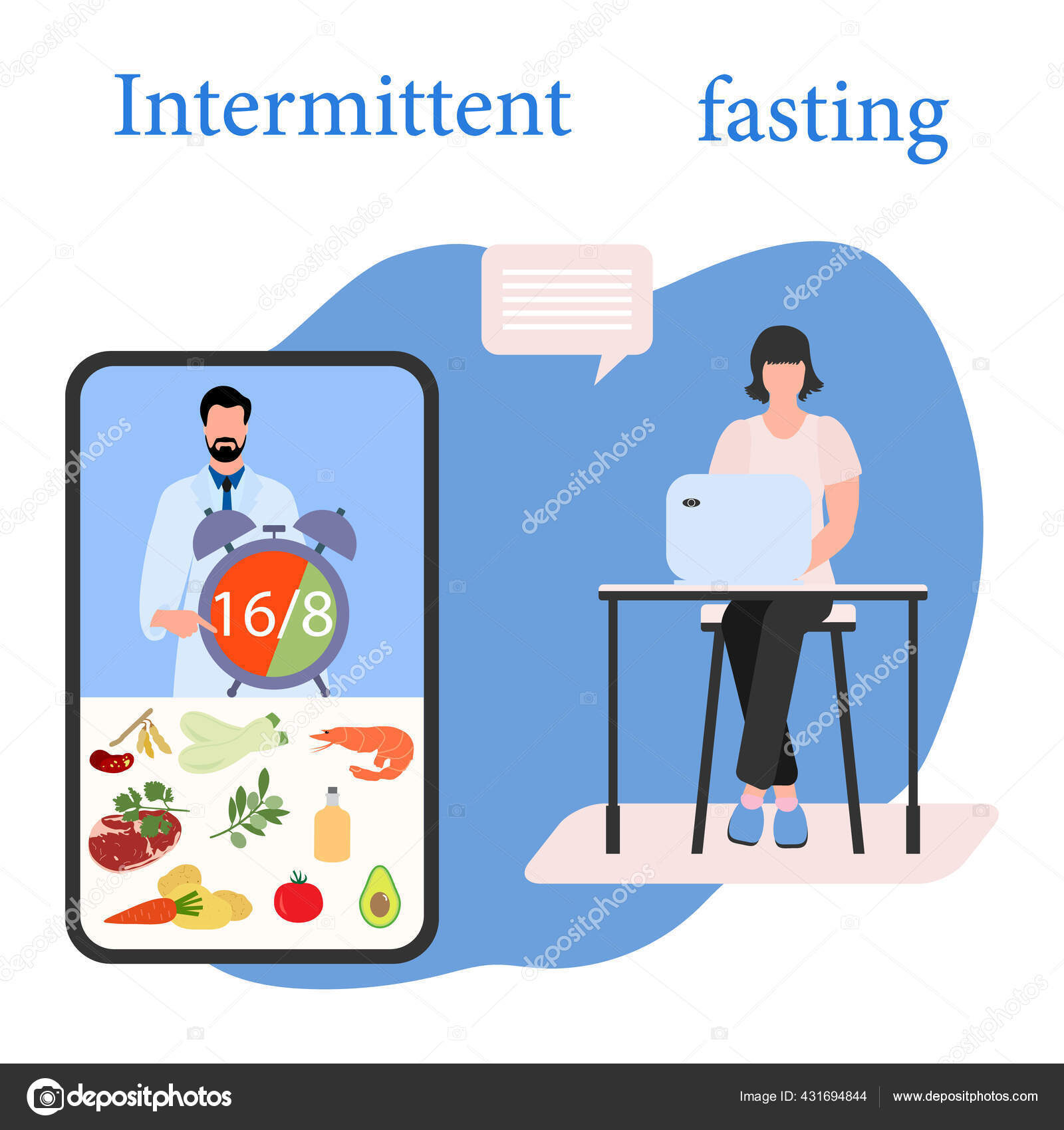 Vector Illustration Nutrition Consultant Online Explains Intermittent ...