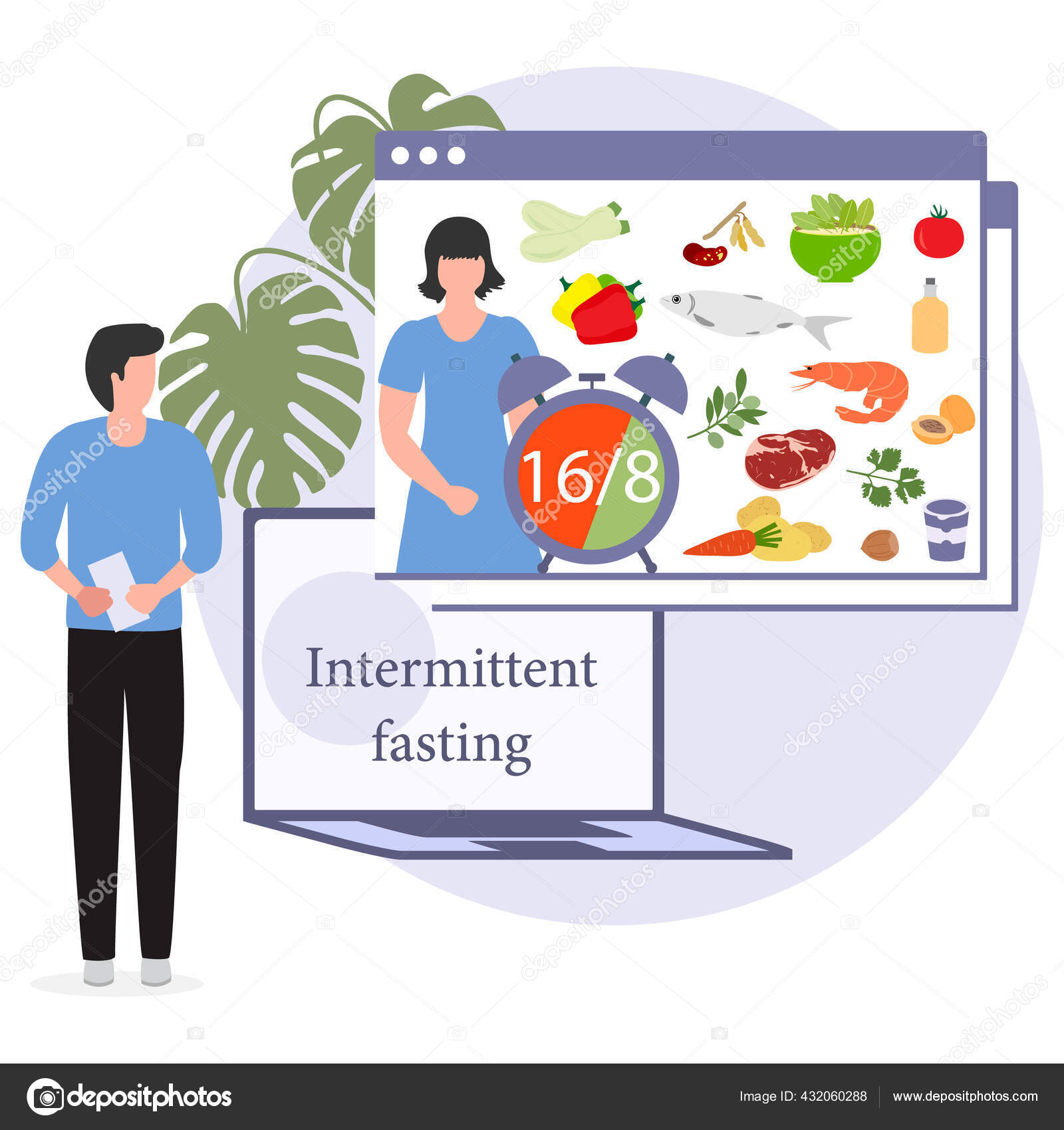 Vector Illustration Nutrition Consultant Online Explains Intermittent ...