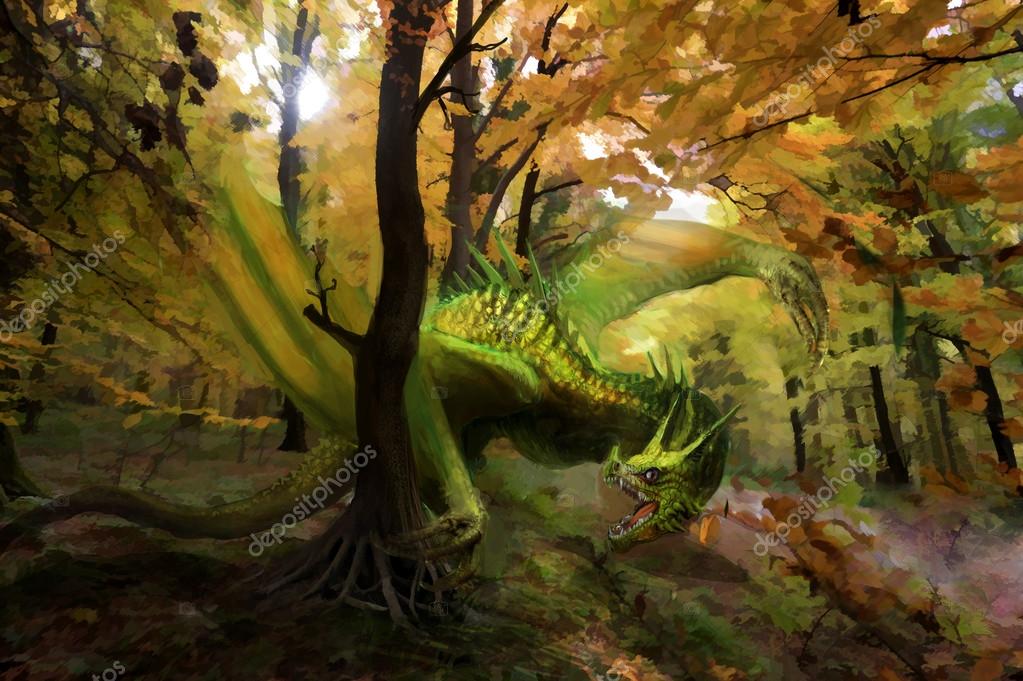 Green dragon in forest behind tree — Stock Photo © vukkostic91 #102325872