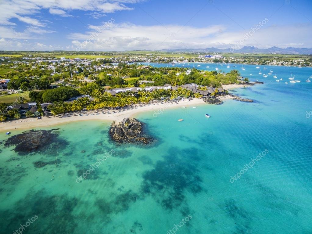 Mauritius beach aerial view of Merville Beach in Grand Baie, Pereybere ...