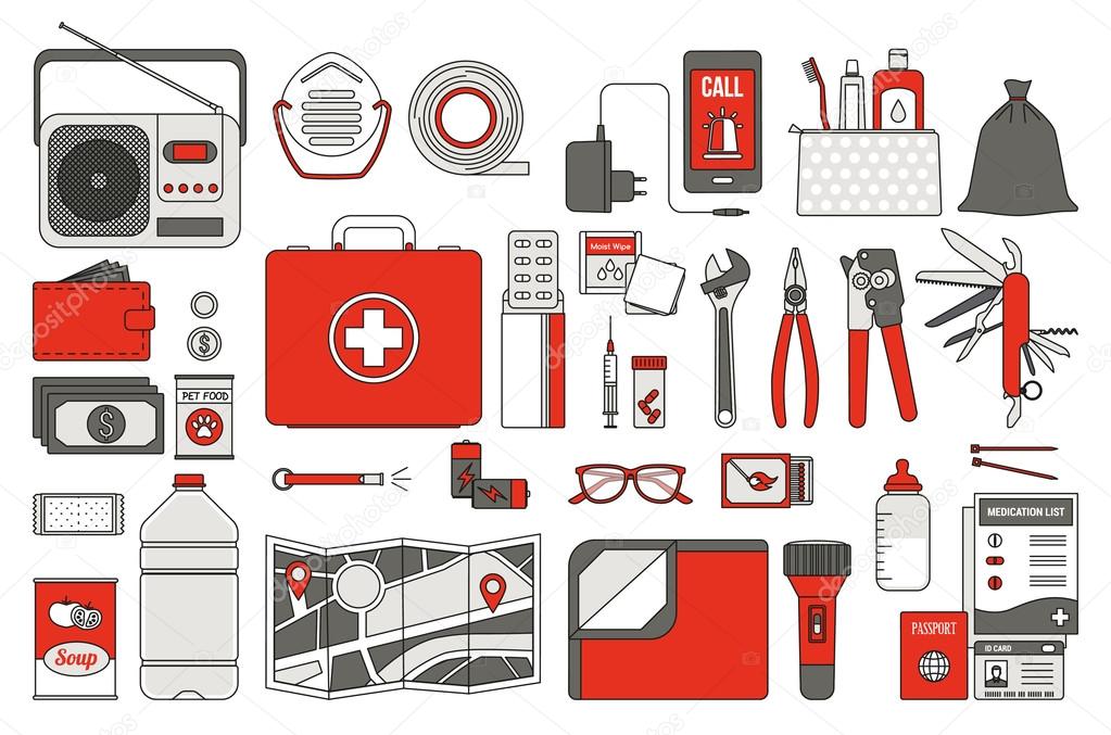 Survival emergency kit for evacuation Stock Vector by ©elenabs 103546370