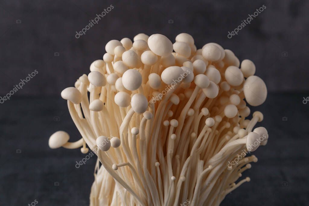 Hongos Enoki frescos sobre fondo negro con enfoque seleccionado.Enoki ...