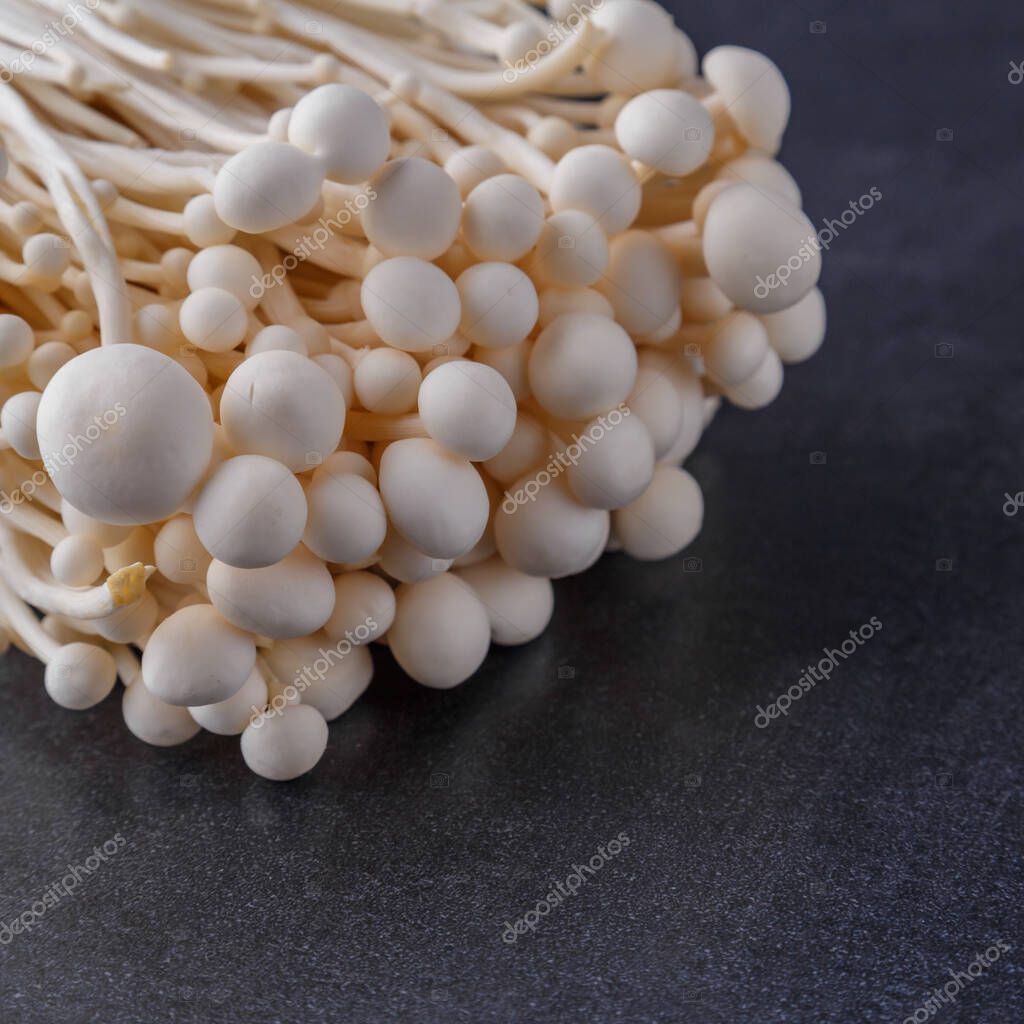 Hongos Enoki frescos sobre fondo negro con enfoque seleccionado.Enoki ...