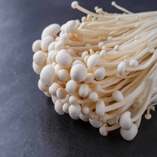 Hongos Enoki frescos sobre fondo negro con enfoque seleccionado.Enoki, también conocido como ...
