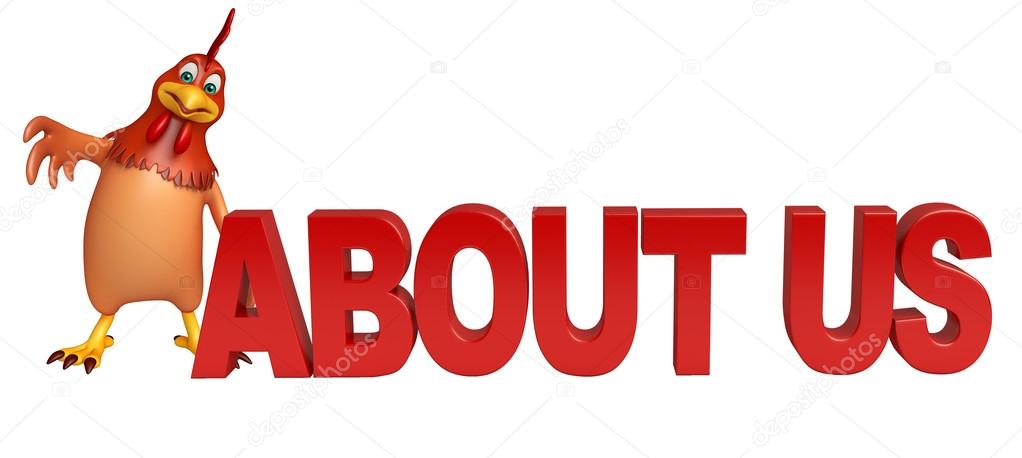 Fun Hen cartoon character with about us sign — Stock Photo ...