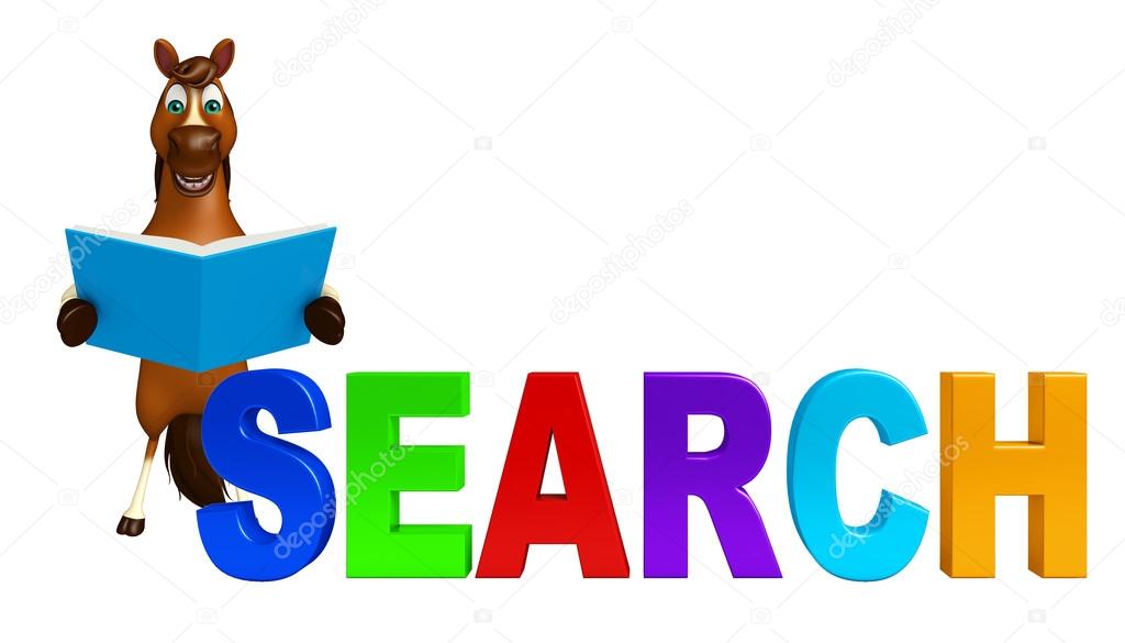 Fun Horse cartoon character with books and search sign Stock ...