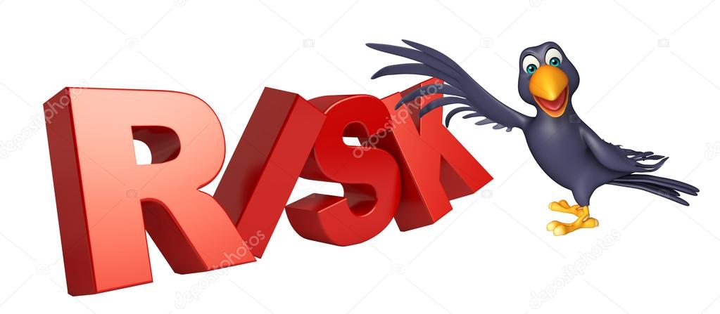 Crow personaje de dibujos animados con signo de riesgo 2024