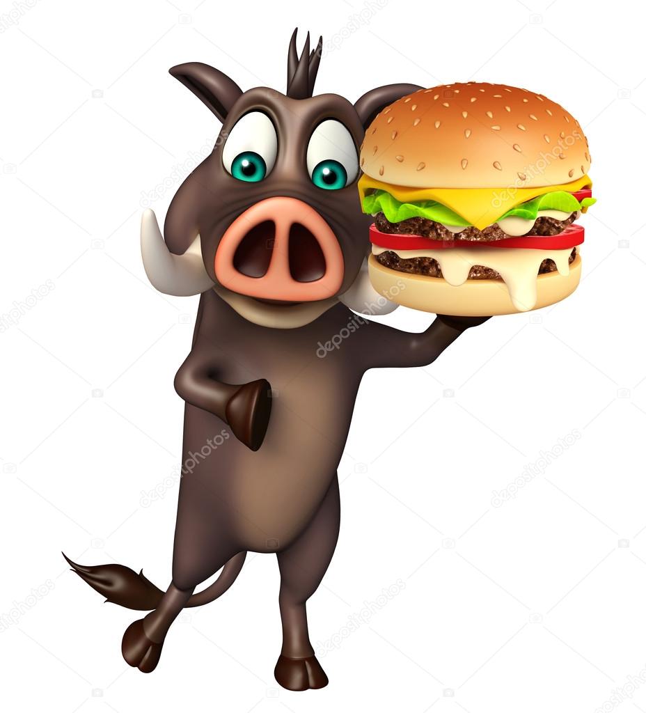 Cute Boar cartoon character with burger Stock Photo by ...