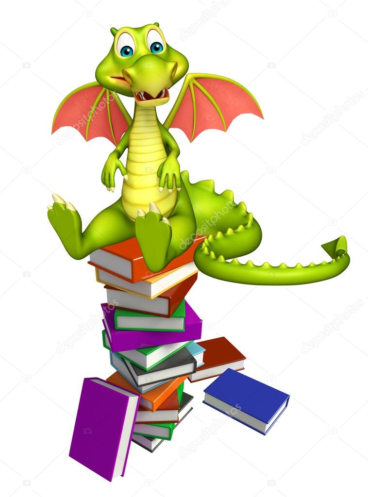 Cute Dragon cartoon character with book stack Stock Illustration by ...