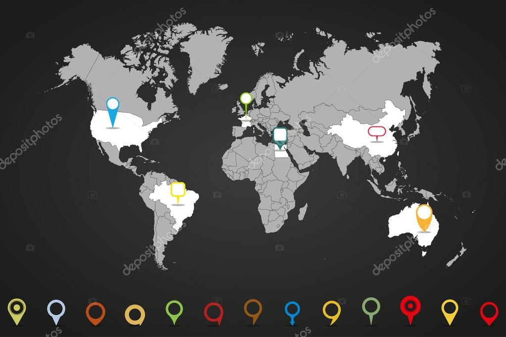 World map infographic template with different markers. All countries ...