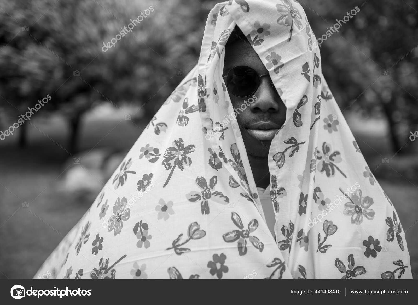 Dark Skinned Man Covered Printed Sheet Arabian Sheikh Closeup Portrait