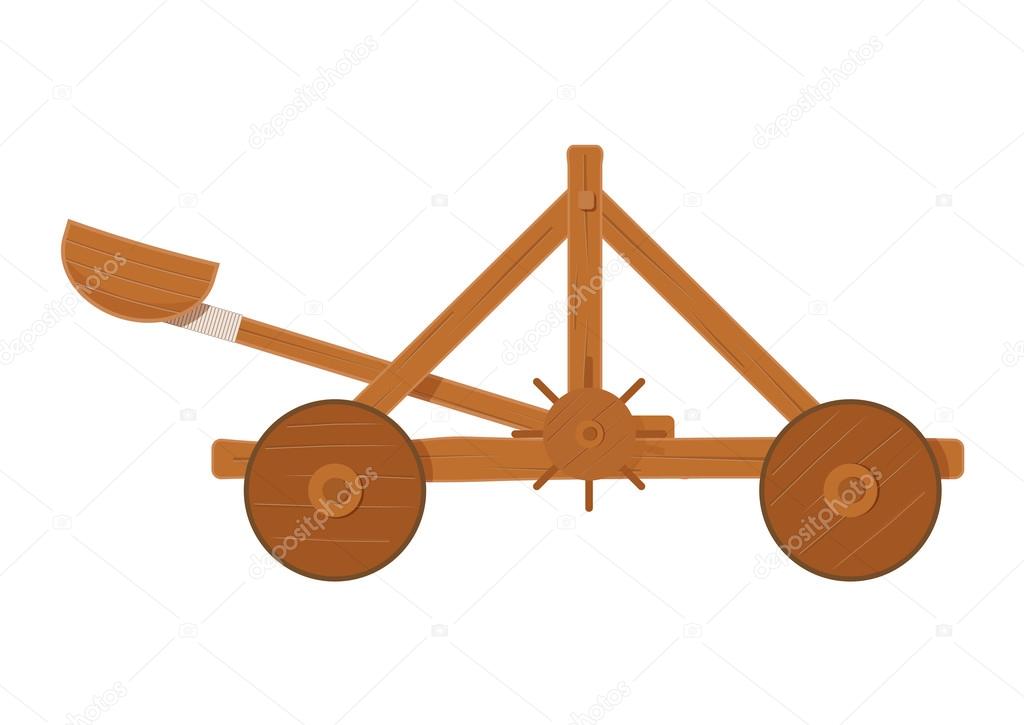 Old medieval wooden catapult shooting stones vector illustration ...