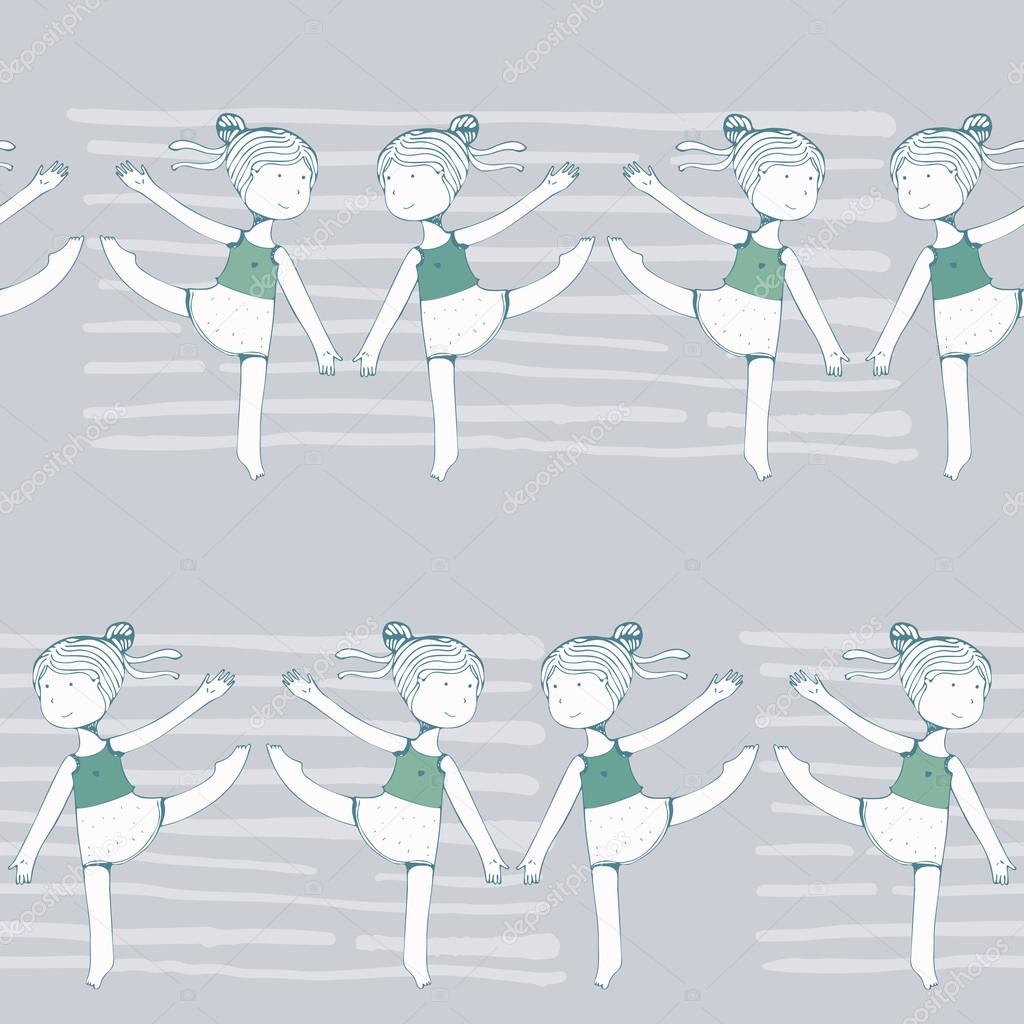 Seamless pattern with dancing young girls on grey stripe background ...