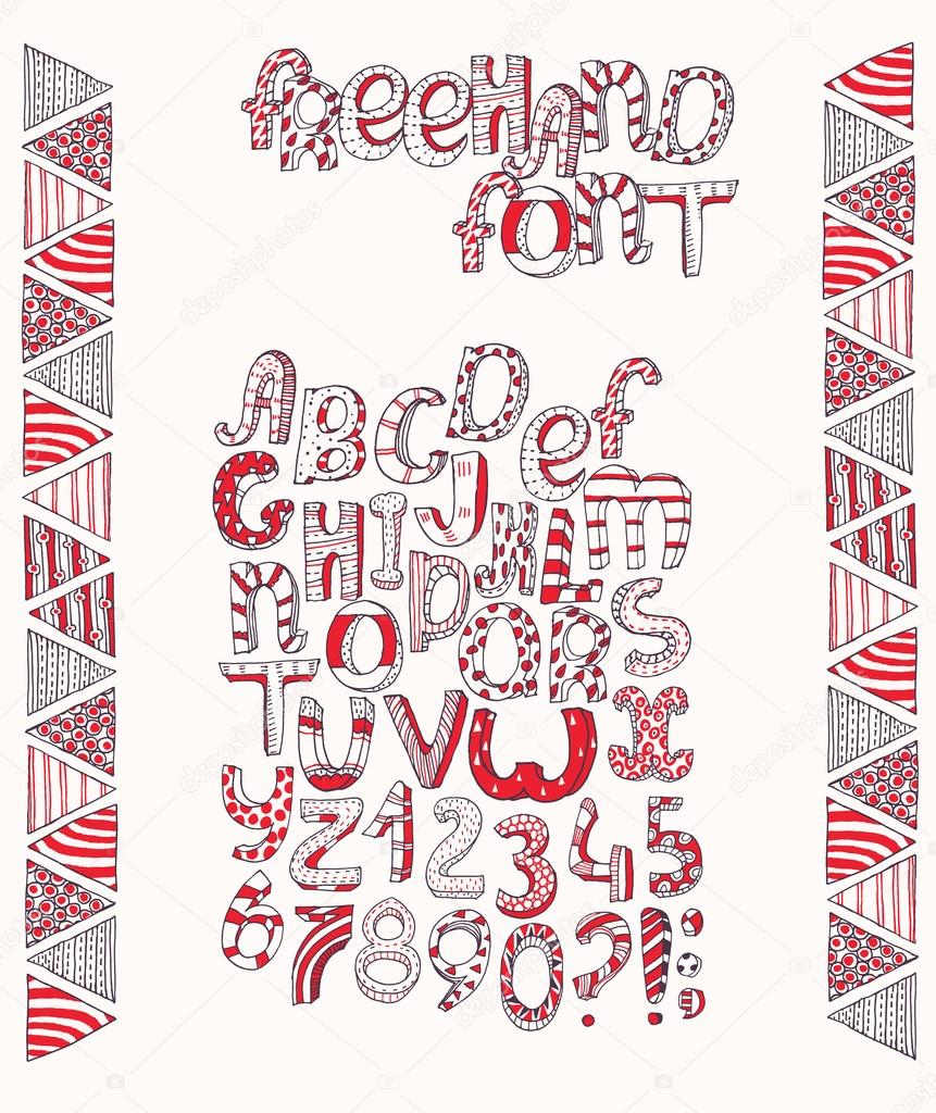 Hand-drawn black, red and white capital letters freehand alphabet ...