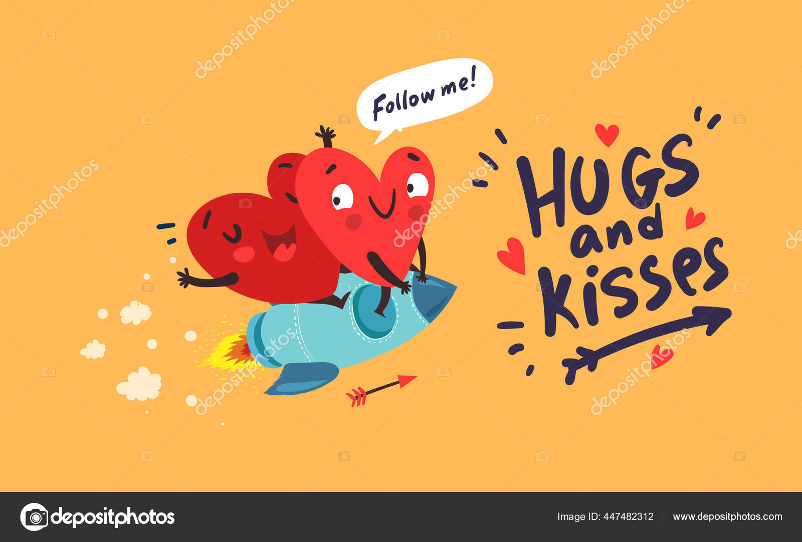 Couple Love Two Happy Hearts Flying Rocket Hugs Kisses Hand Stock ...