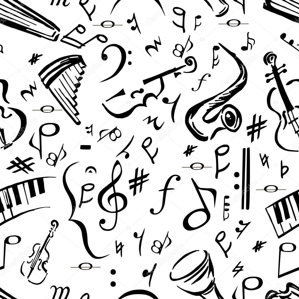 Seamless black and white pattern with musical instruments. Vector Stock ...