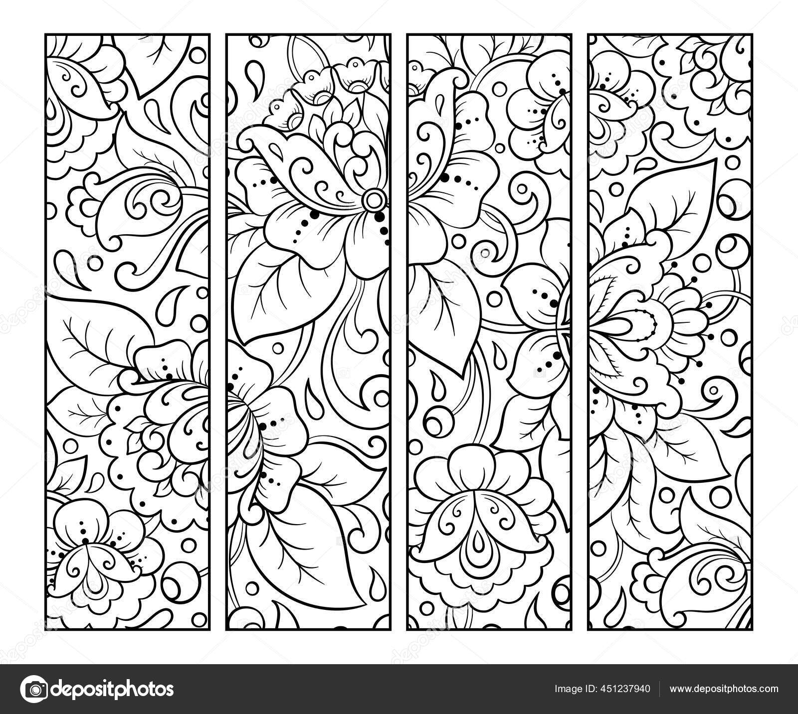 Bookmark Book Coloring Set Black White Labels Floral Doodle Patterns ...