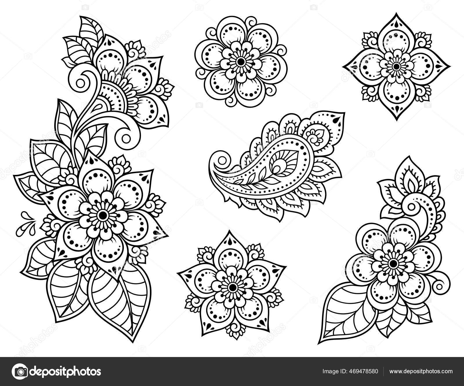 Set Mehndi Flower Pattern Henna Drawing Tattoo Decoration Ethnic