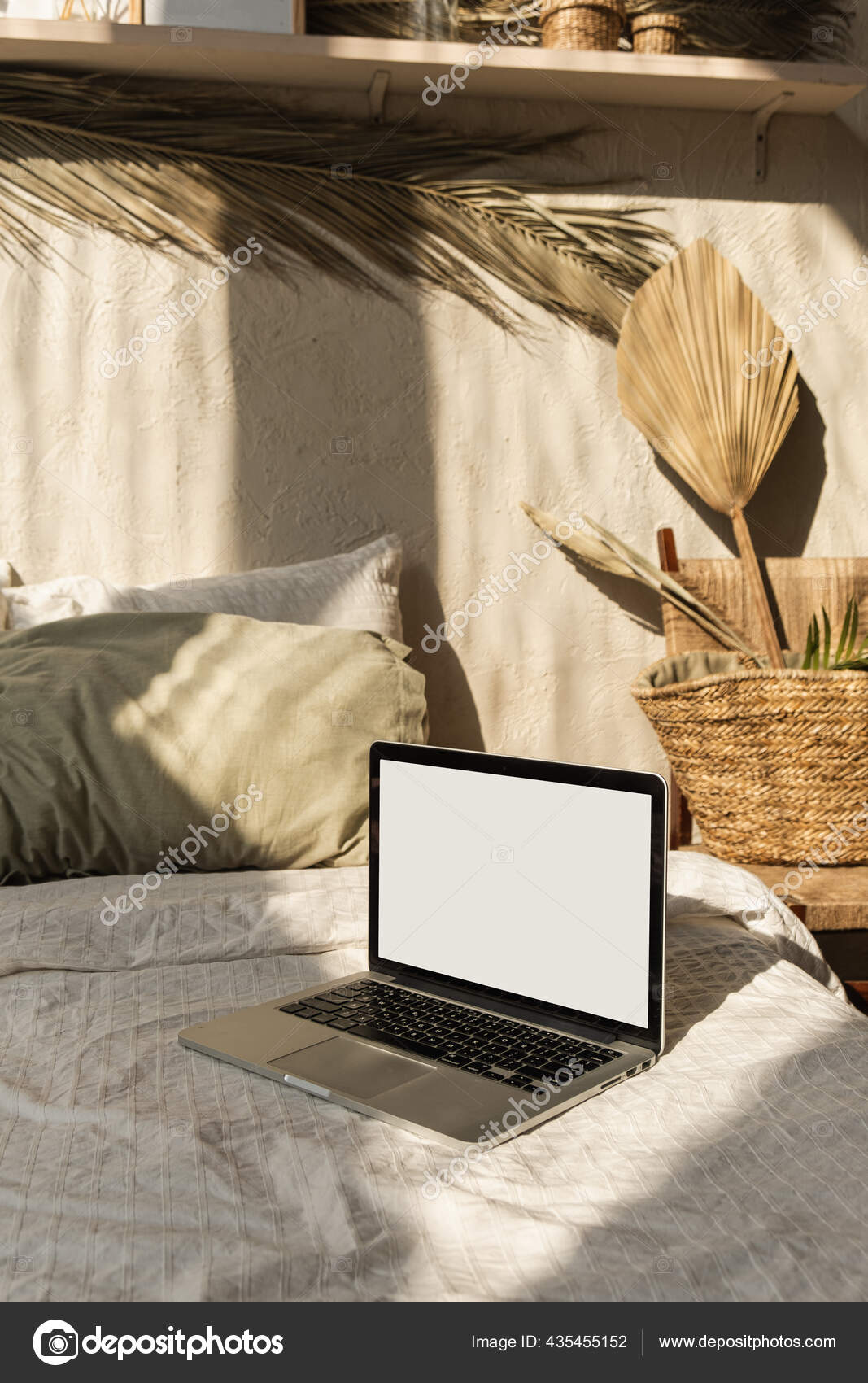 Blank Screen Laptop Sunlight Shadows Wall Parisian Vibes Warm Bohemian ...
