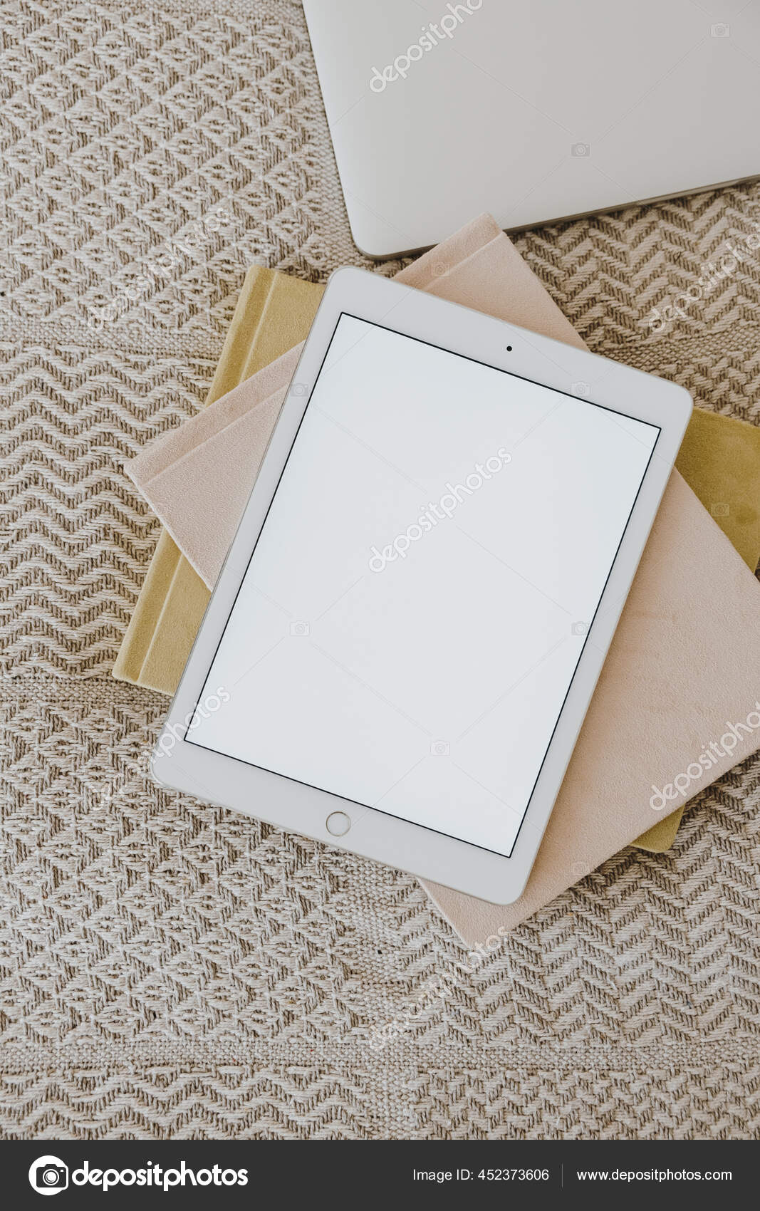 Flat Lay Tablet Pad Blanket Plaid Notebooks Blank Copy Space Stock ...