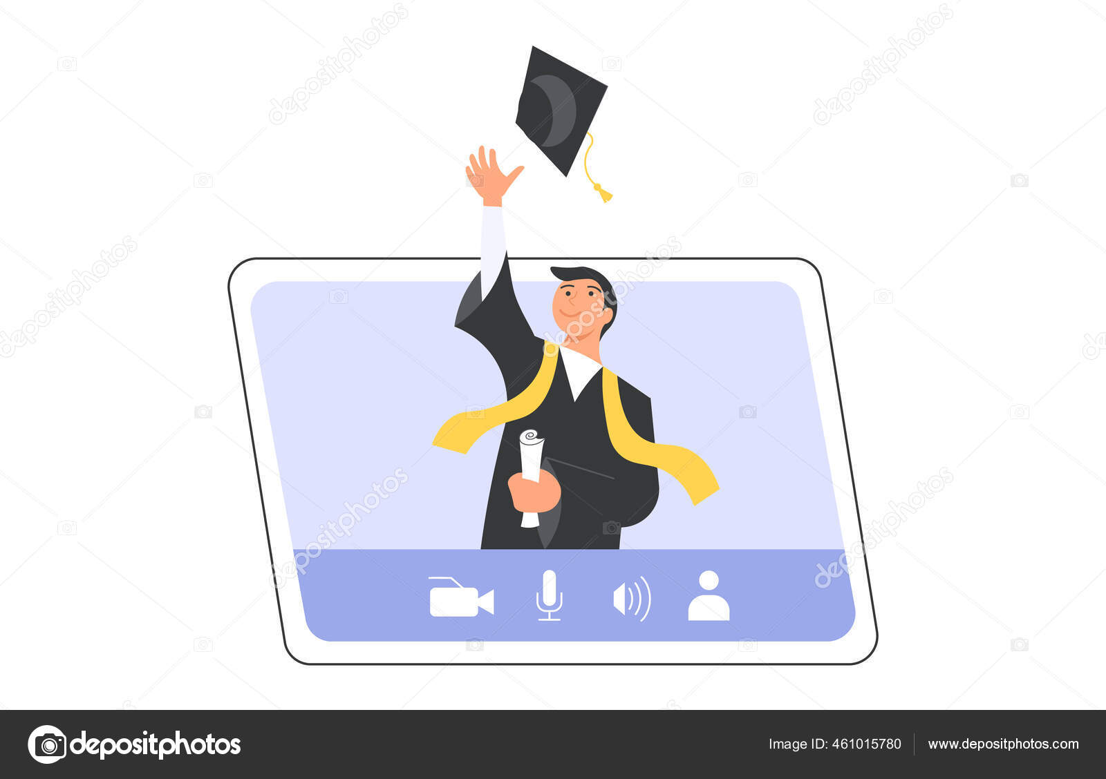Happy graduate man on pc screen wearing academic gown Stock Vector ...