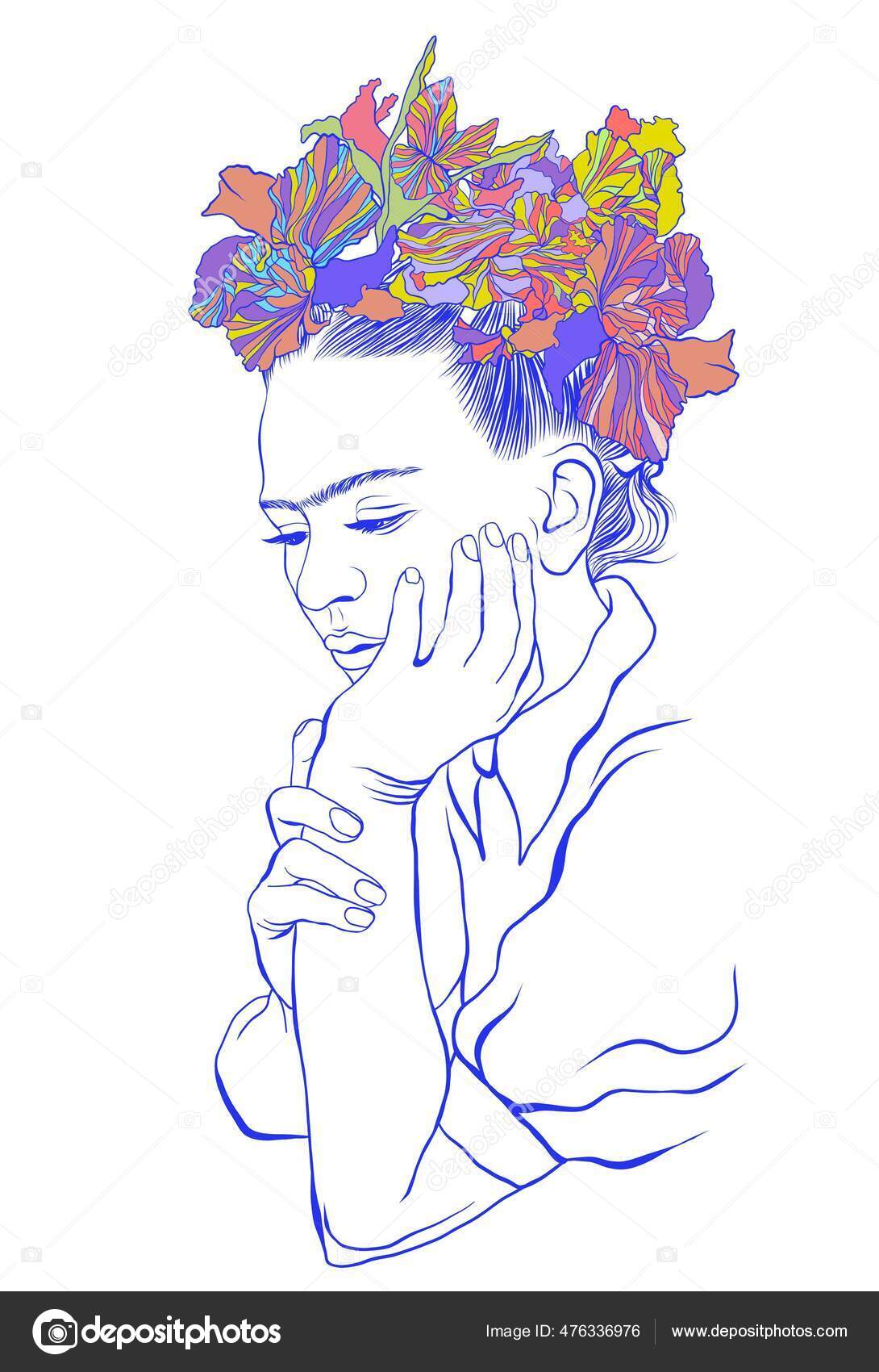 Colorir Retrato Triste Parece Pensiva Frida Kahlo Magdalena Carmen ...