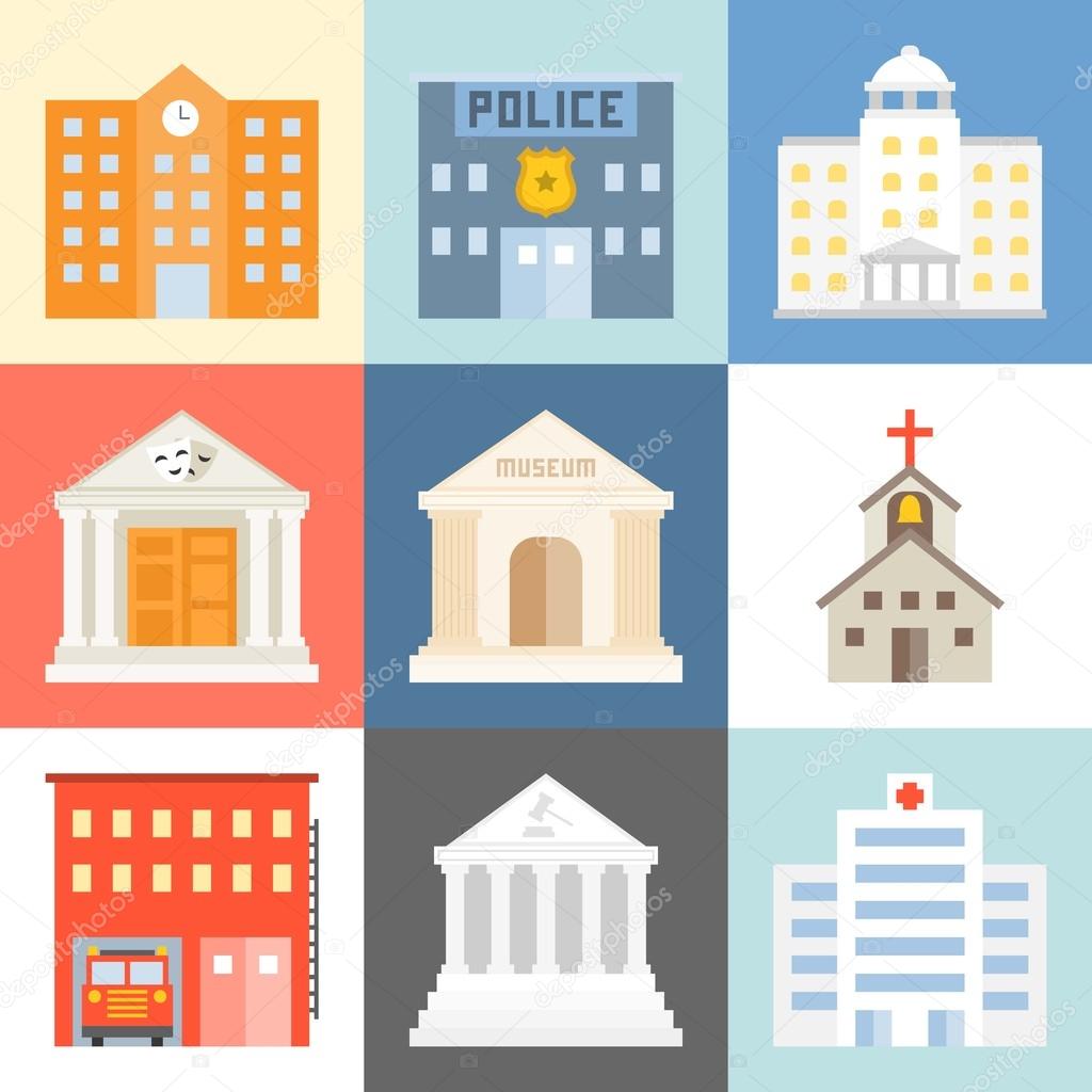 Conjunto de iconos de edificio público vectorial, diseño plano 2024